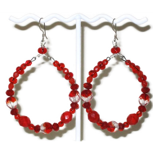 Large Red and Clear Beaded Hoop Earrings